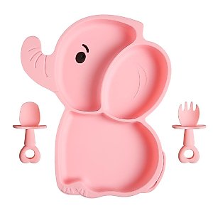 forstree PINK Silicone Suction Plate, Divided Plate for Babies and Toddlers, Adorable Elephant Shape Dish, Dishwasher- and Microwave-Safe, BPA Free PINK