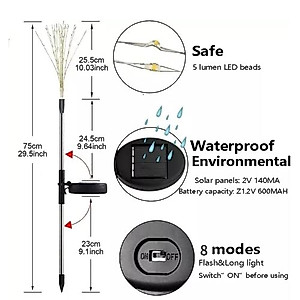 KHTO Solar Lights Outdoor Garden 120 LED Firework Lights with 8 Lighting Modes, IP65 Waterproof Solar Outdoor Lights Decorative for Walkway Patio Backyard Party (warmwhite,2)
