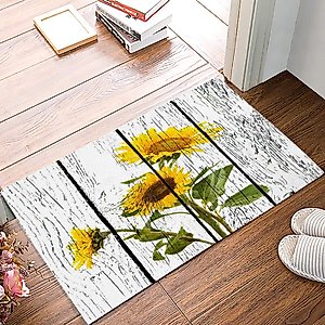 Door Mat for Bedroom Decor, Sunflowers on Wood Floor Mats, Holiday Rugs for Living Room, Absorbent Non-Slip Bathroom Rugs Home Decor Kitchen Mat Area Rug 18x30 Inch
