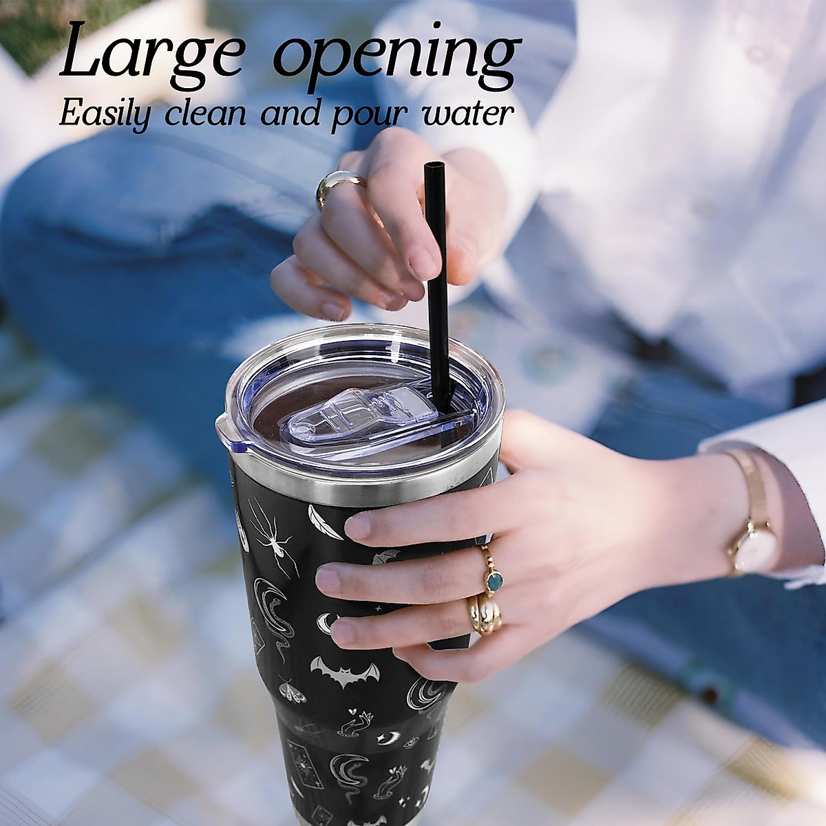 Goth Black 40 Oz Tumbler with Handle and Straw, Large Big Stainless Steel Vacuum Insulated Tumbler Iced Coffee Cup Water Bottle Travel Mug, Witchy Gothic Gifts Decor Accessories Stuff, Halloween Gifts