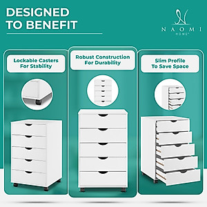 Naomi Home 5 Drawer Dresser for Bedroom, Stylish Tall Dressers with Wheels, Storage Shelves, Small Dresser for Closet, Makeup Dresser with 180 lbs Capacity - White