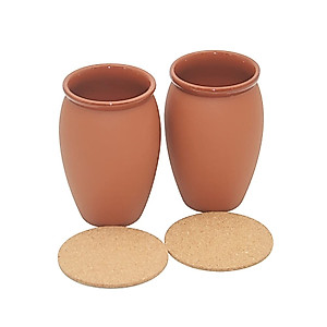 PHANSOGE Tradicional Terracotta Clay Cups Mexican, Cantaritos de Barro Mexicanos Mug, 2 pc Clay Mugs Tequila Gifts with Cork Coaster