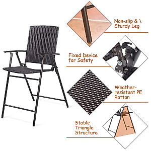 S AFSTAR Folding Wicker Chair Set of 4, Portable Tall Rattan Chairs for Patio Balcony Backyard, Folding Patio Chair with Armrests