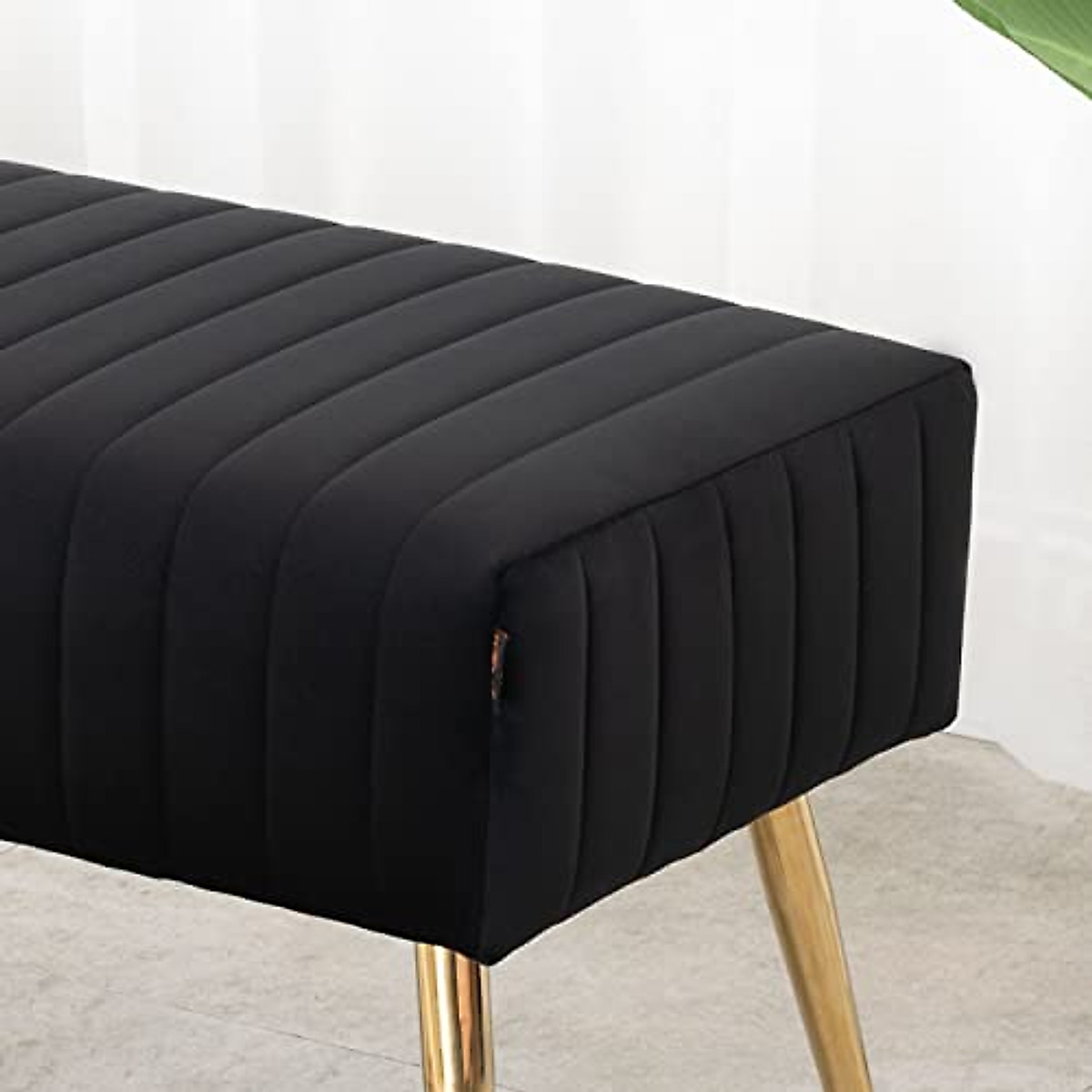 Furnimart 44 Inch Velvet Bench Ottoman Comfortable Footrest Stool Table Bench Dining Bench Tufting Bench Indoor Bench with Gold Legs for Living Room Bedroom Entryway (Velvet-Black)