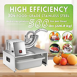 Tzechkii 110V Commercial Snow Cone Machine - Stainless Steel Ice Crusher Shaver and 20Qt Ice Basin - 250W Electric Shaved Ice Maker with Dual Blades for Home, Office, and Parties
