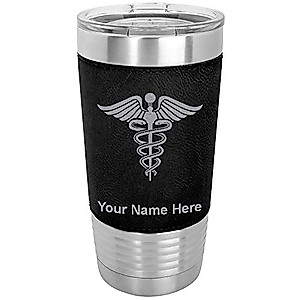 LaserGram 20oz Vacuum Insulated Tumbler Mug, Caduceus Medical Symbol, Personalized Engraving Included (Faux Leather, Black)