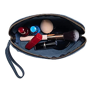 Hide & Drink, Cosmetic Travel Organizer with Hand Strap for Women, Makeup Bag, Classic Handbag, Full Grain Leather, Handmade, Slate Blue