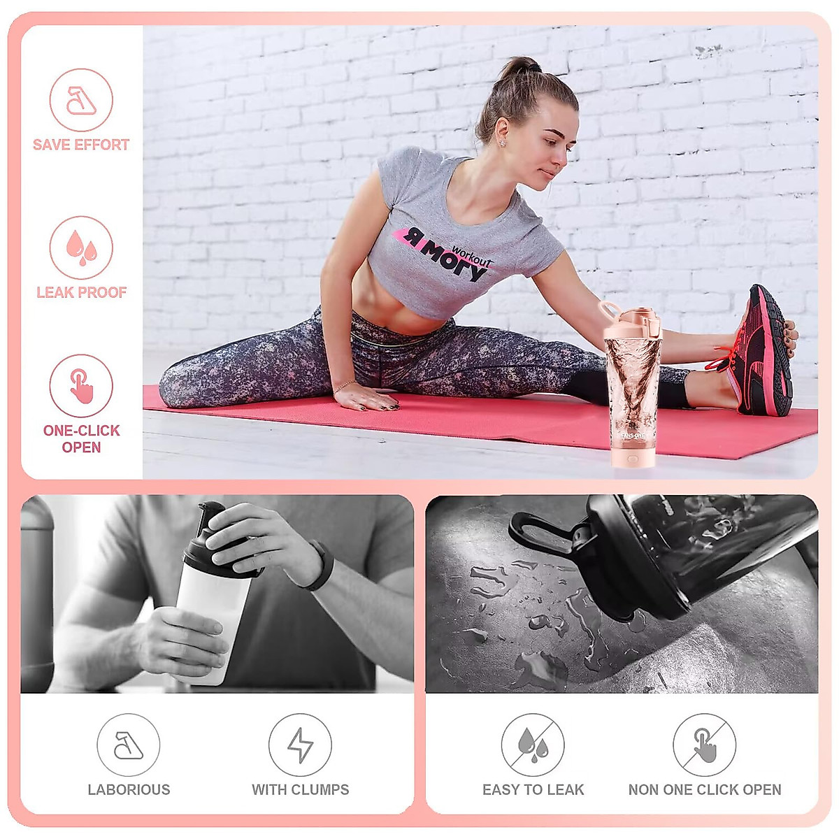 FANS-ONE Electric Protein Shaker Bottle, 24oz Lockable Electric Blender Cup, Tritan USB Rechargeable Protein Shake Mixer, Blender Shaker Cups for Protein Shakes, Pink