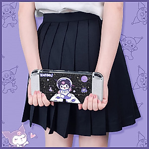 DLseego Little Devil Rabbit Glitter Switch OLED Protective Case Astronaut Clear Dockable Anti-Scratch Hard Shell Soft TPU Joy Con Cover with 2PCS Cute Cartoon Thumb Grips Caps for Switch 2021 Version