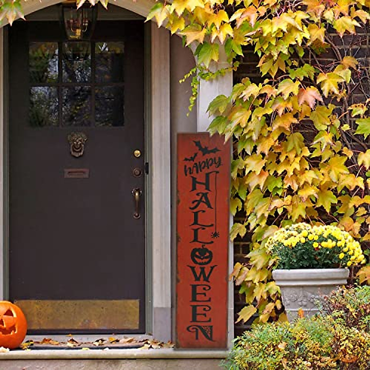 Haunted Hill Farm 45-in. Happy Halloween Porch Leaner Sign with LED Lights, Battery Operated, Festive Holiday Decor, Jack-O-Lantern, Bats in Orange & Black