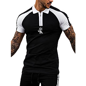 GORGLITTER Men's Color Block Letter Graphic Polo Shirt Zipper Raglan Short Sleeve Collar Tops Black Small