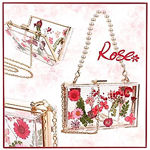 YUSHINY Women Acrylic Clear Clutch Transparent Purse True Flower Inlay with Removable Pearl Strap (Rose)