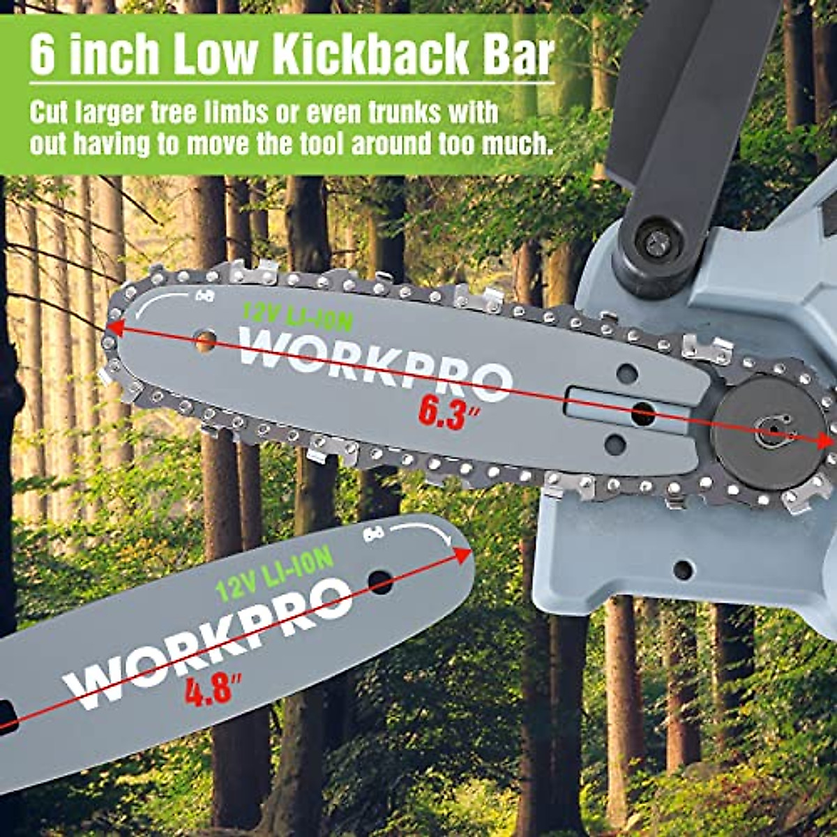 WORKPRO Mini Chainsaw, 6.3“ Cordless Electric Compact Chain Saw with 2 Batteries, One-Hand Operated Portable Wood Saw with Replacement Guide Bar and Chain for Garden Tree Branch Pruning, Wood Cutting