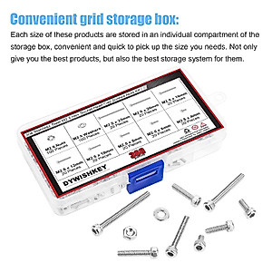 DYWISHKEY 360 Pieces M2.5 x 4mm/6mm/8mm/10mm/12mm/16mm/20mm/25mm, Stainless Steel 304 Hex Socket Head Cap Bolts Screws Washers Nuts Kit with Hex Wrench