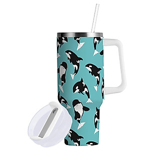 KEEPREAL 40 oz Killer Whale Pattern Tumbler with Handle, Insulated Sports Water Bottle with Lid and Straw, Thermal Stainless Steel Travel Coffee Mug Cup