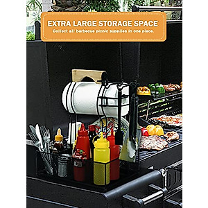 Large Grill Utensil Caddy, HYKTON Picnic Camping BBQ Organizer for Camping Outdoor Mesh Basket with 5 Hanging Hooks and Paper Towel Holder, Ideal Table Storage Tools for RV Camper/Tailgating/Flatware