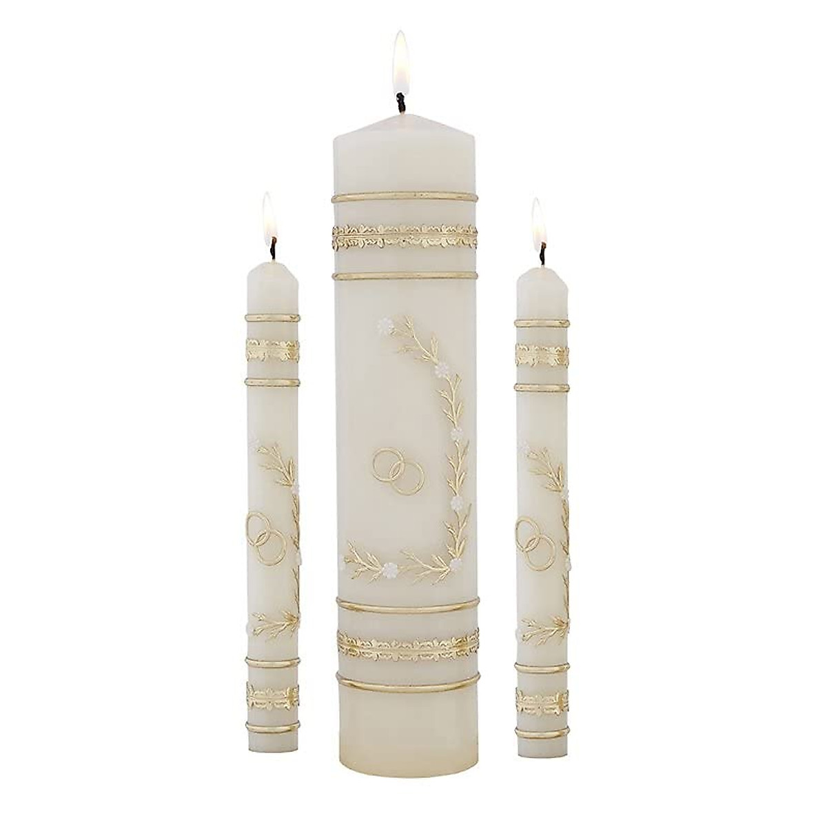 CB Church Supply Hand Crafted Wedding Candle Set by Will & Baumer, Set of 3, Flowers & Rings