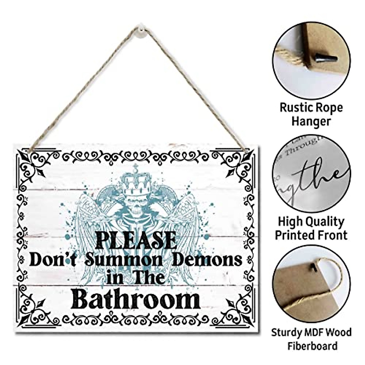 AUII JO DESIGN Halloween Wooden Wall Art Signs, Hanging Printed Wall Plaque Wood Signs, Please Don't Summon Demons in the Bathroom Sign, Halloween Bathroom Decor, Bathroom Sign 10 X 7.8 in