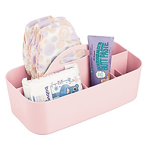 mDesign Plastic Portable Nursery Storage Organizer Caddy Tote - Divided Basket Bin with Handle - Holds Bottles, Spoons, Bibs, Pacifiers, Diapers, Wipes, Baby Lotion - Lumiere Collection - Light Pink