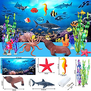 MiniInflat 39 Pcs Ocean Diorama Kit Sea Creature Toys Bulk Ocean Sea Animal Figure Toys Realistic Ocean Animal Figurines Toy Including Shark, Whale, Corals, Seagrass and More