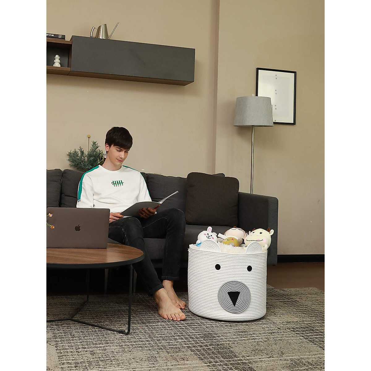 Bear Basket, Animal Basket, Large Cotton Rope Basket, Large Storage Basket, Woven Laundry Hamper, Cloth Storage Bin, for Clothes in Bedroom (White, 18"x15")