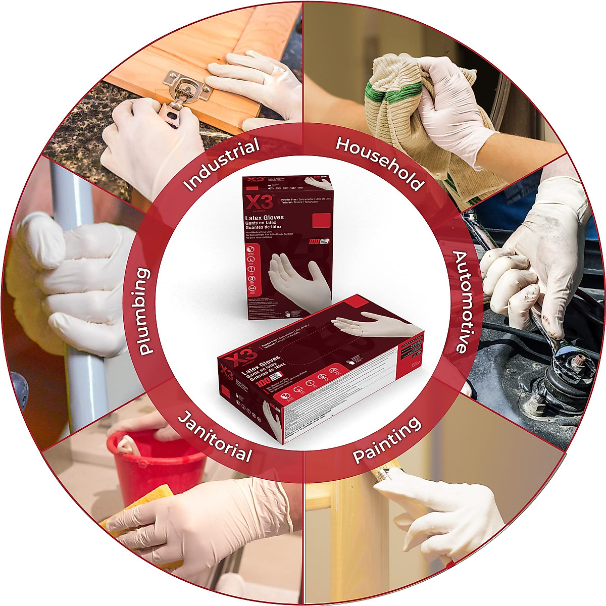 X3 Ivory Latex Disposable Industrial-Grade Gloves, 3 Mil, Powder-Free, Food-Safe, Non-Sterile, Textured, Medium, Box of 100