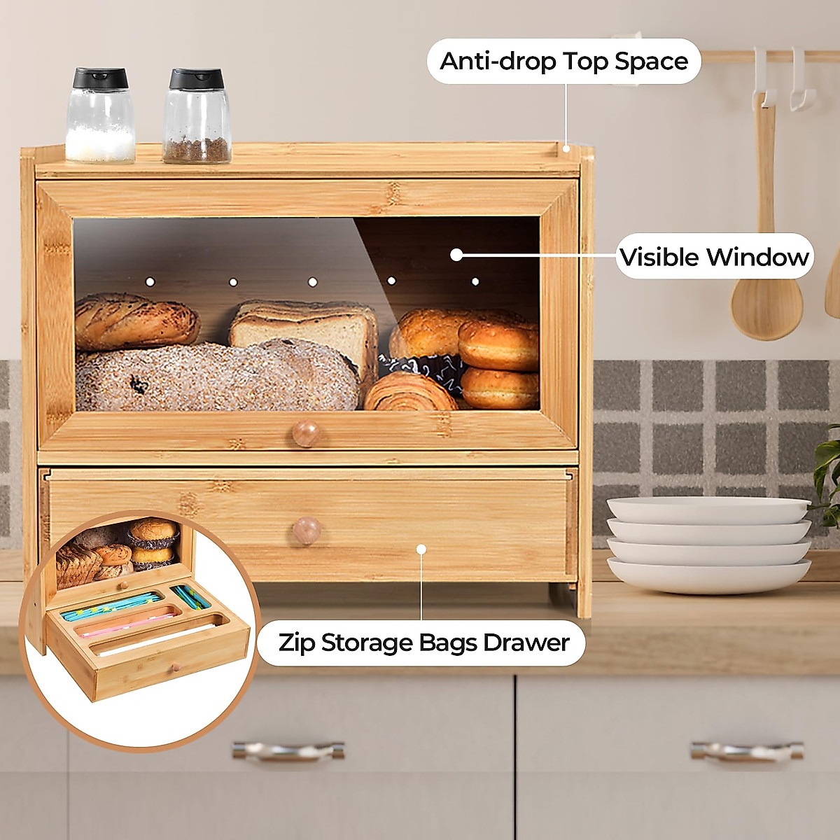 Bamboo Bread Box with Storage Bags Organizer, Corner Bread Box for Kitchen Countertop, Bread Box for Homemade Bread with Window, Bamboo Kitchen Zip Baggie Organizer for Drawer, Pantry Counter Corner