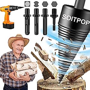 Firewood Drill Bit Wood Log Splitter,5 PCS Kindling Splitting Drills Wedge Tool Removable Logs Splitters Cone Wedges Electric Driver Bits Heavy Duty Hex+Square+Round+Small Hex Shank