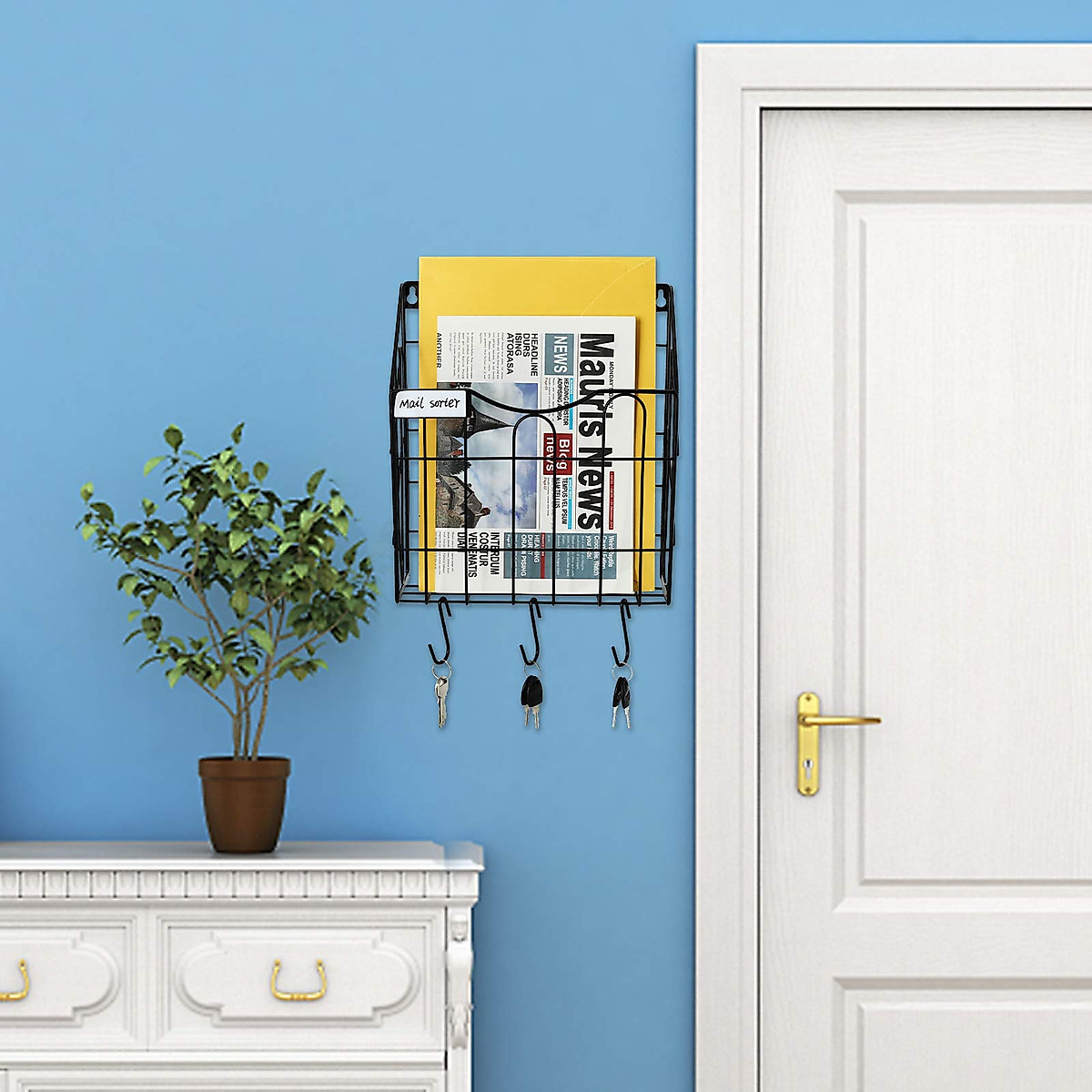 Superbpag Hanging Wall File Holder Organizer with 3 Hooks Wall Mount Document Organizer Magazine Storage Rack for Office Home Classroom School, Black