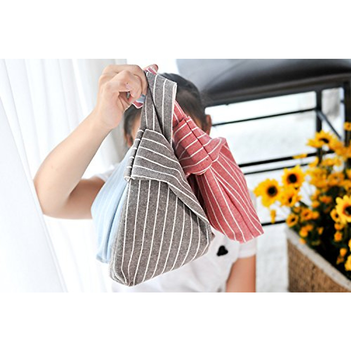 Chezi Women's Stripes Pattern Cotton Knot Bag Small Size Canvas Tote (grey)