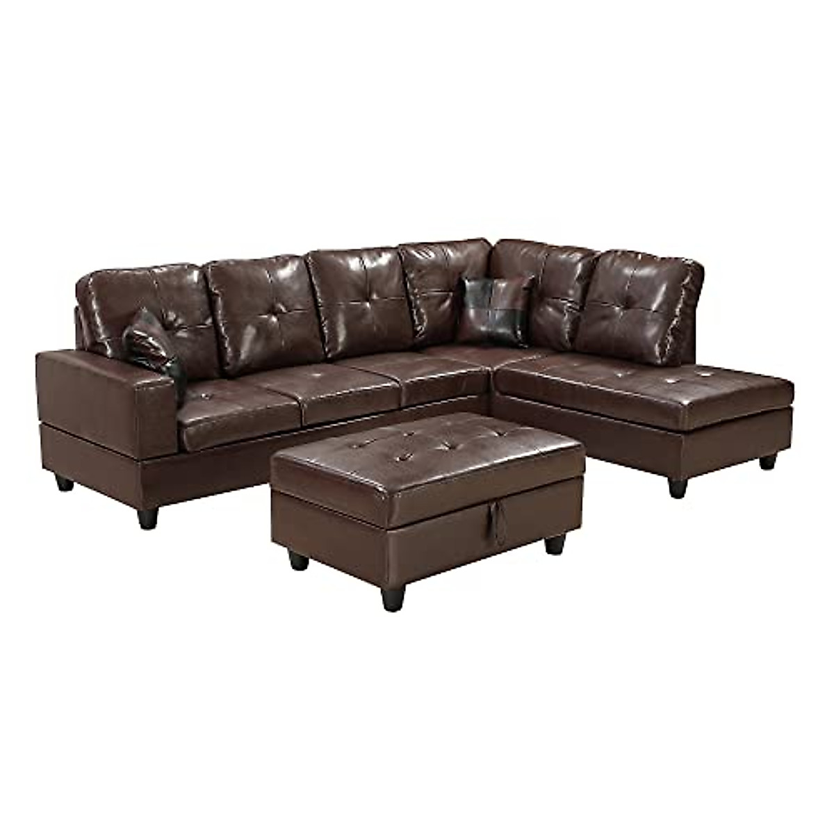 FANYE L-Shaped Corner 5 Seaters Sectional Sofa with Left Chaise & Storage Ottoman,Modern Faux Leather Sectional & Sofa Couch with 2 Pillows for Home Office Apartment Living Room Furniture Sets, Brown