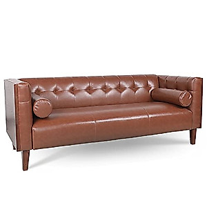 76'' Leather Chesterfield Sofa, Upholstered Tufted Modern Couch with 2 Pillows, Nailhead and Solid Wood Armrest Side Board, 3 Seater Sofa with Wooden Legs for Living Room, Bedroom, Office (Brown)