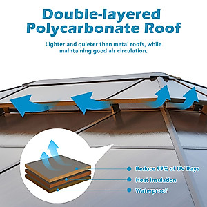 GAZEBEST Hardtop Gazebo Outdoor Polycarbonate Double Roof Patio Gazebo Aluminum Frame Gazebo Canopy with Netting and Curtains,for Garden Patio,Patio Backyard,Deck and Lawns (Brown, 10x13FT)