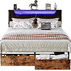 IRONCK Queen Bed Frame with Drawers, Ergonomic Storage Headboard with Charging Station, LED Light, Solid and Stable, No Box Spring Needed