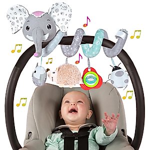 Baby Car Seat Toys, Hanging Stroller Toys for Baby 0-6 Months Infants Activity Spiral Toys with Musical Owl Rattles Hedgehog Beep Ladybug Squeaker - Gray Elephant Toys for Newborn Baby 0 3 6 12 Months