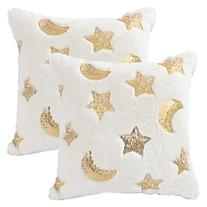 Holibeat White Moon Star Sequins Pillow Covers Fur Cushion Covers 18x18 inch Sequins DecorationThrow Pillow Cases (pack of 2)