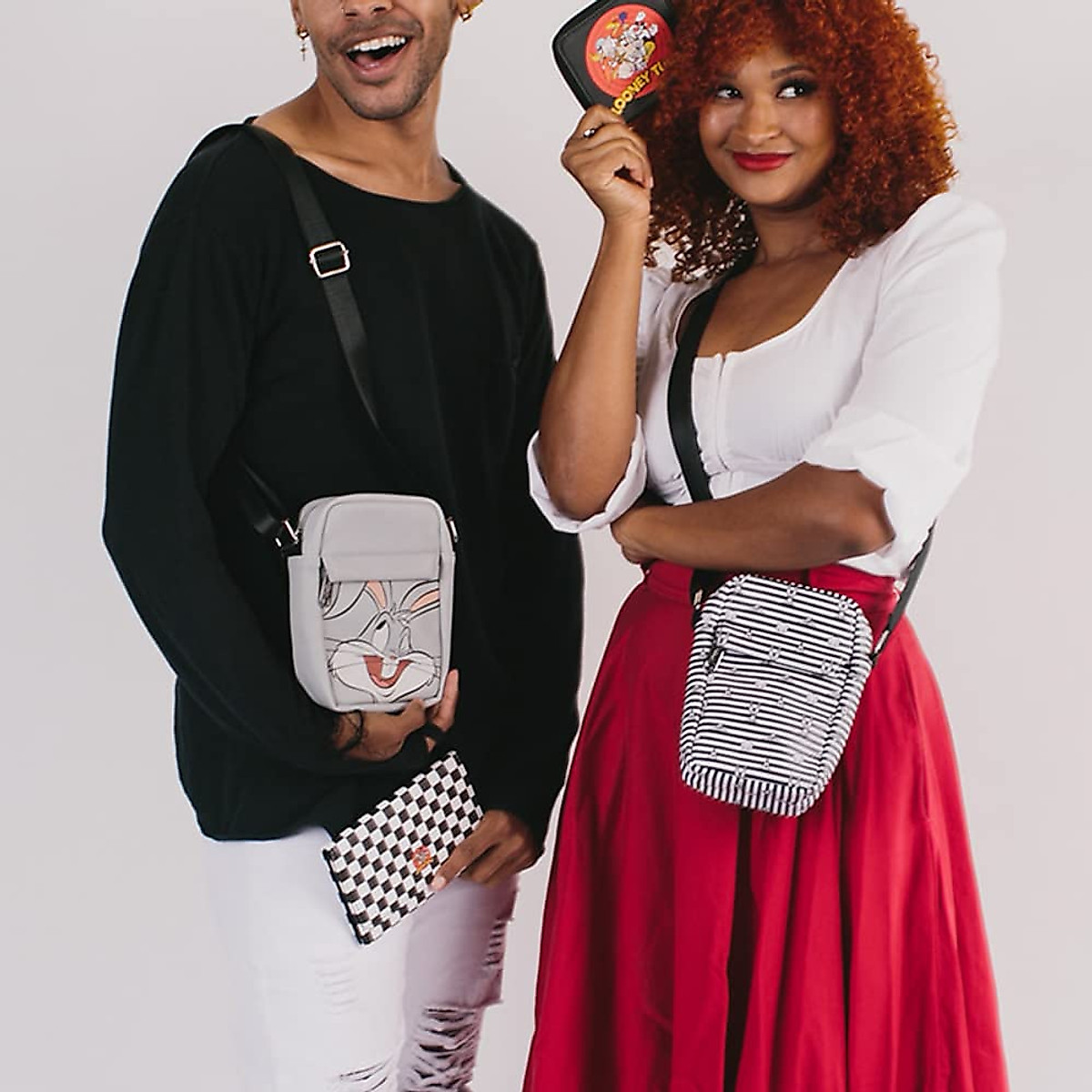 Buckle Down Looney Tunes Bag, Crossbody, with Looney Tunes Bugs Bunny Winking Face, Gray, Vegan Leather