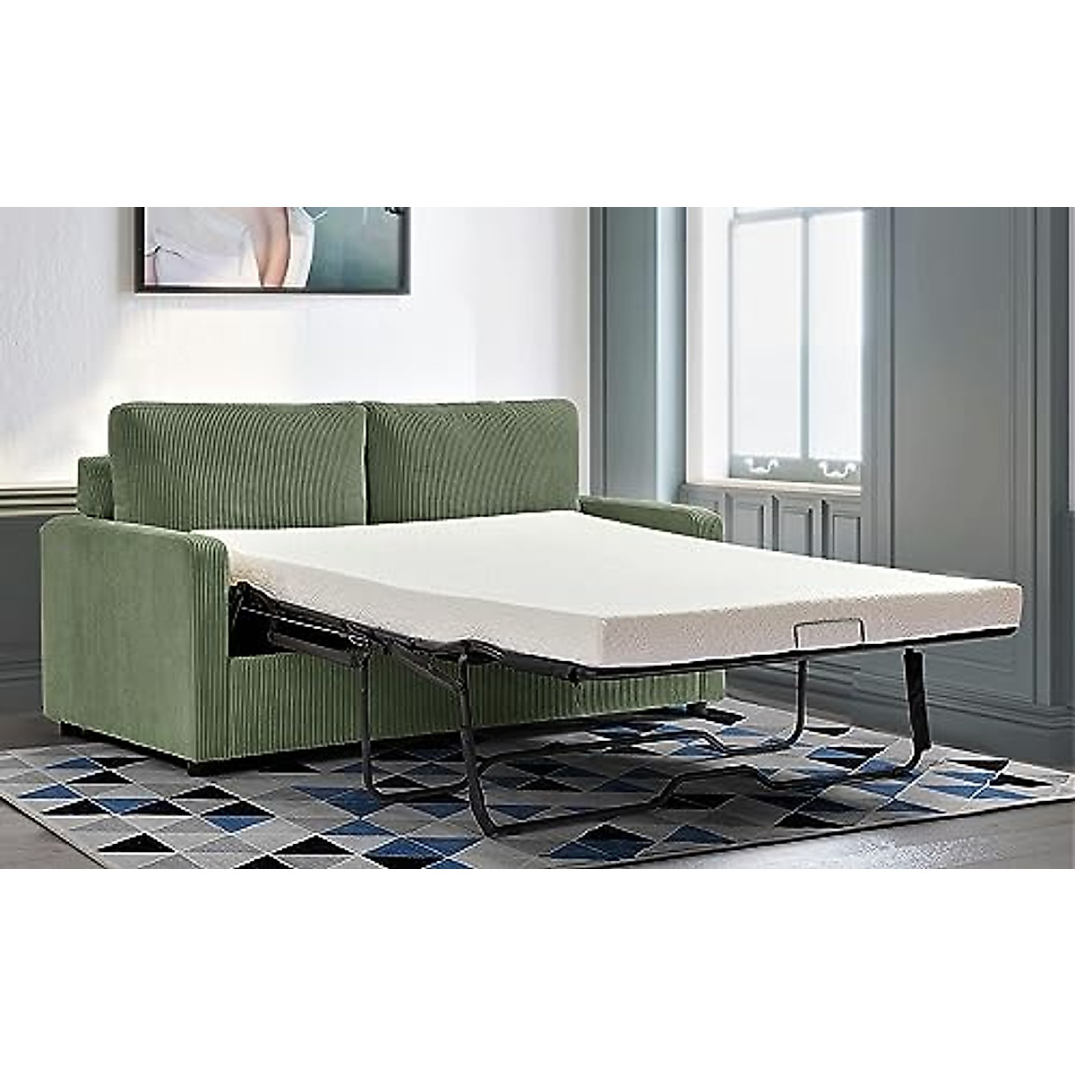 Container Furniture Direct Reversible Sleeper Sofa with Memory Foam Mattress, Comfortable and Durable Queen Size Bed Couch for Living Rooms, Upholstered with Corduroy Fabric, 70" Wide, Dark Green