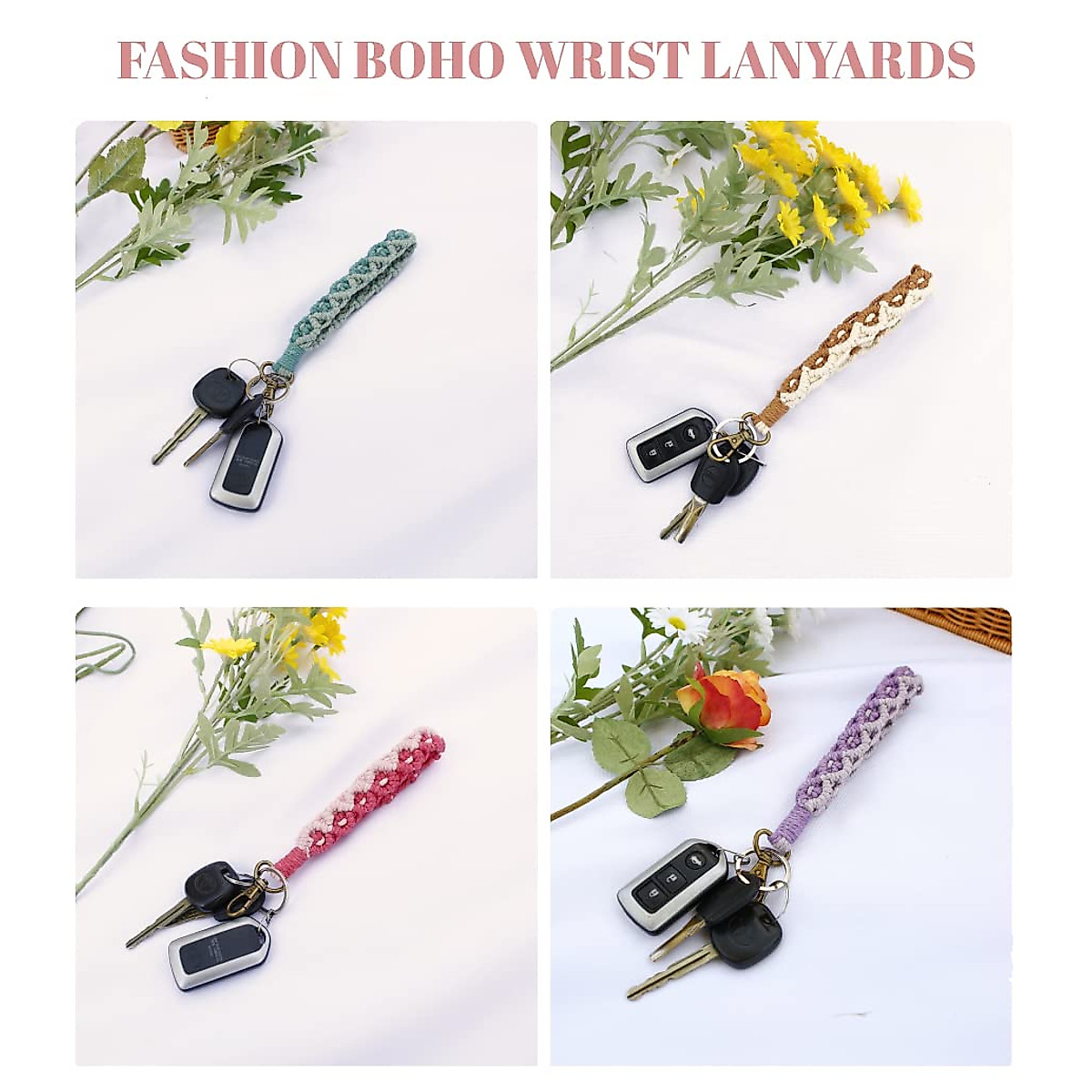 Macrame Keychain Car Keys Keychain Wristlet Keychain Wrist Lanyards For Keys Cute Key Chain Key Lanyard Wrist Lanyard for Women Girls Keyring Bracelet Holder Key Wristlet Keychains for Women