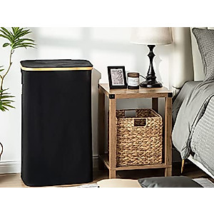 StorageWorks Large Laundry Hamper with Lid, 100L Tall Laundry Basket with Bamboo Handles and 2 Removable Inner Bag, Collapsible Laundry Hamper for Clothing, Toys, Towels, Black, 1-Pack
