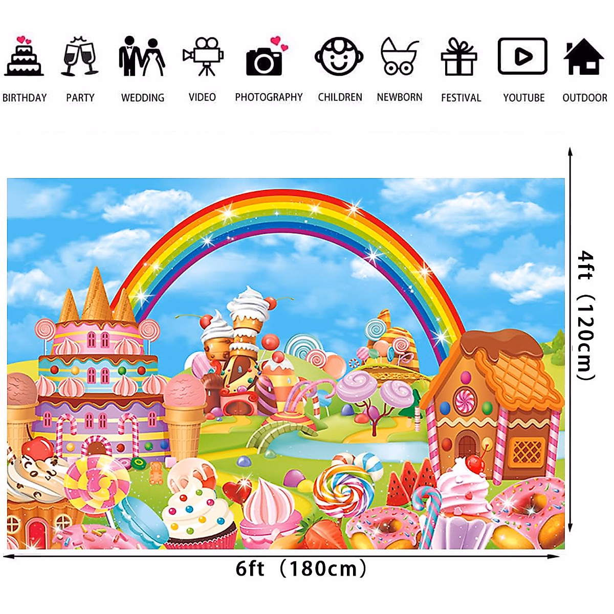 Candyland Theme Party Backdrop Cartoon Rainbow Lollipop Sweet Donut Ice Cream Photography Background for Kid Adult Ice Cream Birthday Party Decoration Banner Baby Shower Photo Props