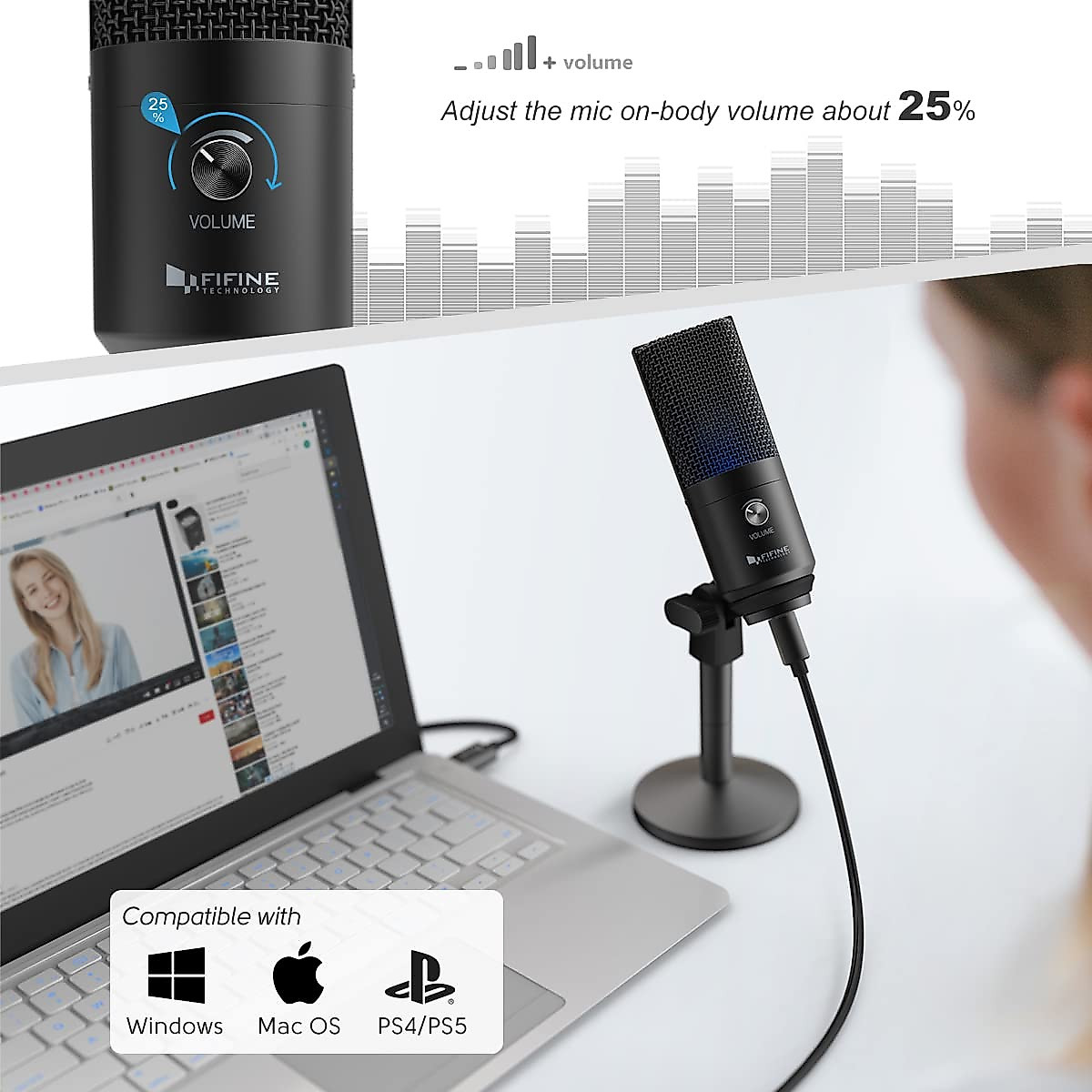 Fifine Podcast Microphone USB with Headphone Monitoring 3.5mm Jack and Pluggable USB Connectivity Cable for Computer,PC,Mac/Windows,Recording Voice Over, Streaming Twitch/Gaming/YouTube/Discord-K670B