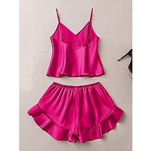 SOLY HUX Women's Sexy Silk Satin Ruffled Pajamas Sets Cami Shorts Sets Sleepwear HotPink S