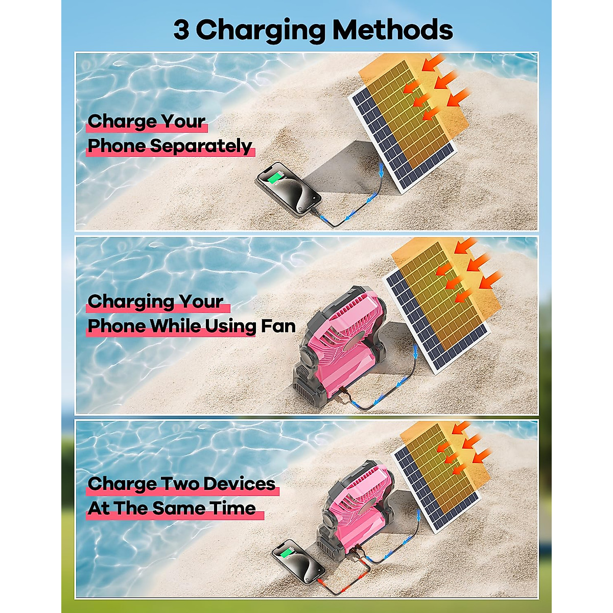 Art In Real 10400mAh Solar Powered Fan, Portable Solar Fan with LED Lantern, Camping Fan with 7W Solar Panel, Stepless Speed Battery Powered Fan for Travel, Camping,Office,Outdoor＆Indoor(Pink)