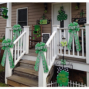 Large Saint Patrick Tree Topper Bows, St Patricks Green Glitter Clover Long Buffalo Plaid Bows for Saint Patrick's Day Home Garden Indoor Outdoor Decoration Wreath Ornament Supplies, 13 x 30 Inches