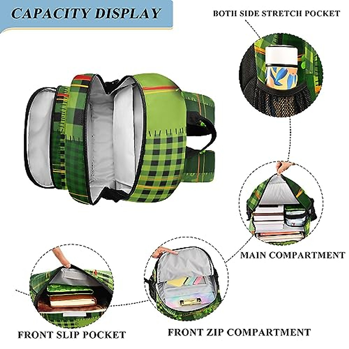 CHIFIGNO St. Patrick Buffalo Plaid Bookbag with Laptop Compartment, Comfortable Backpack with Compartments, Backpack for School Kids 6-12 Gifts