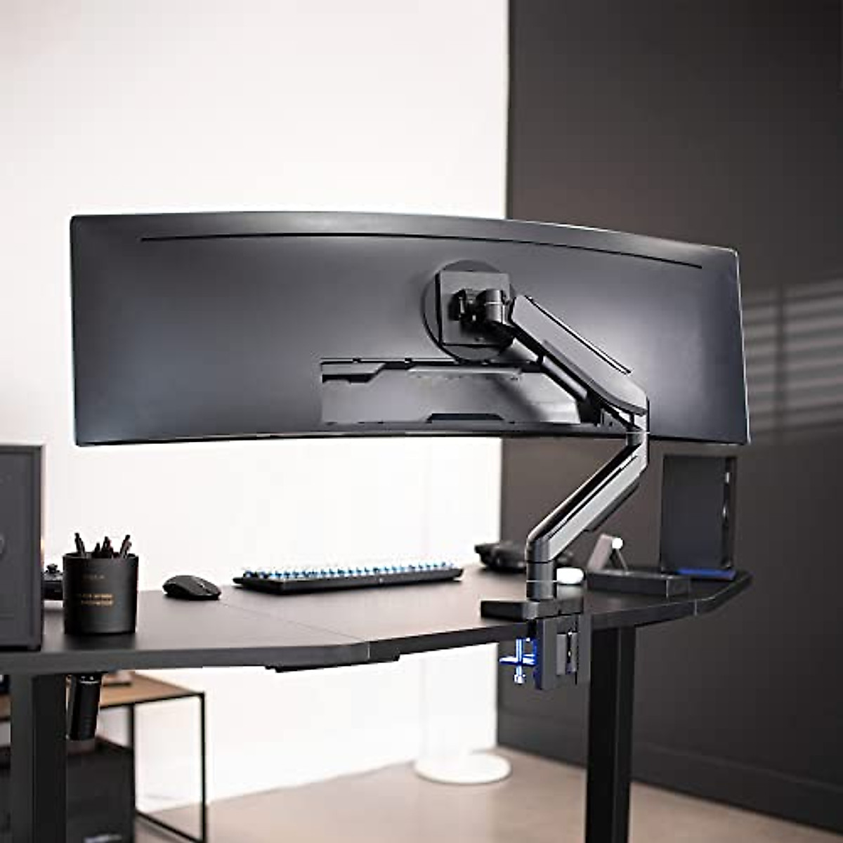 VIVO Premium Aluminum Single Gaming Monitor Arm for Ultrawide Screens up to 49 inches and 44 lbs, Heavy Duty Desk Mount Stand, Pneumatic Height, Max VESA 100x100, Black, STAND-V100D
