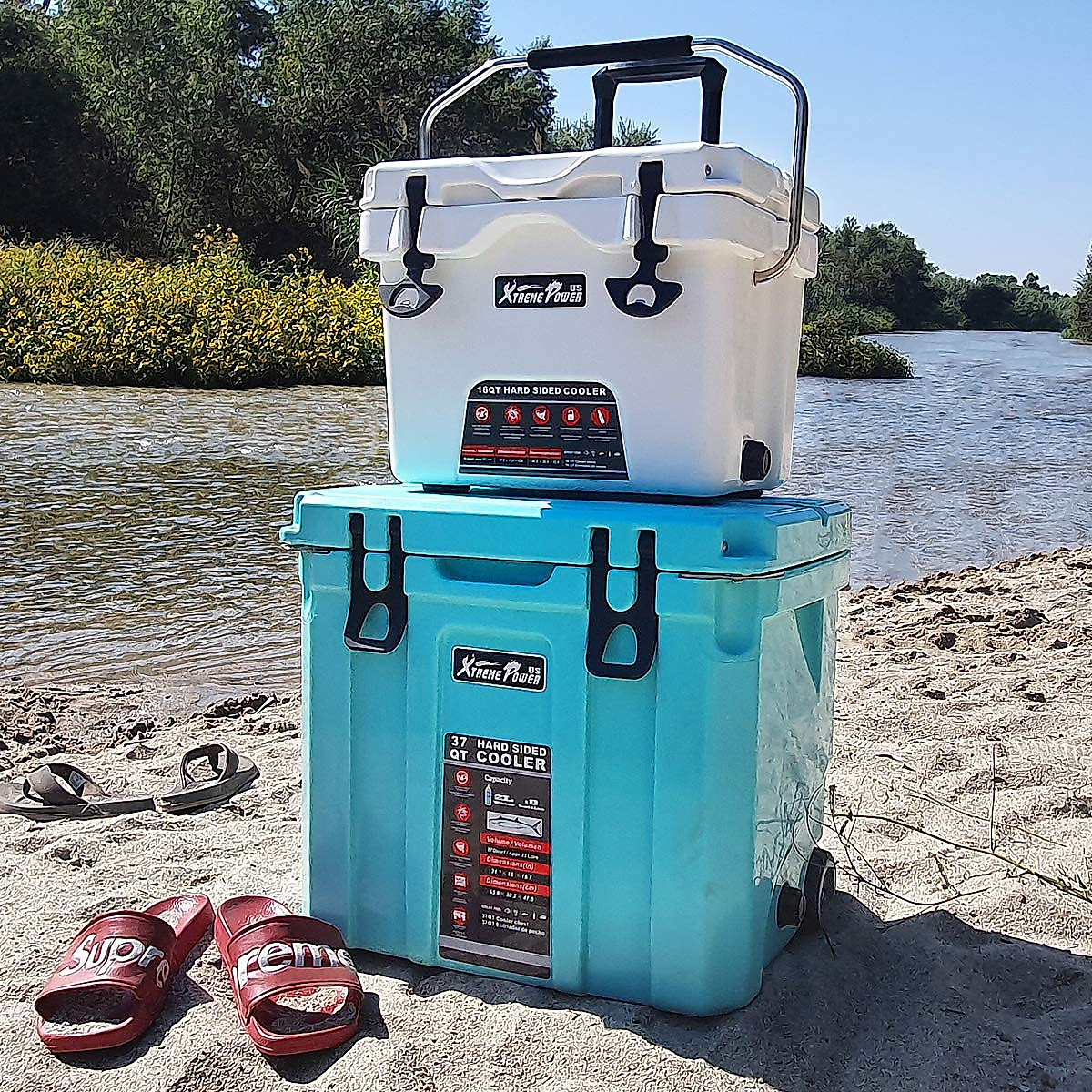 XtremepowerUS Portable 37 Quart Insulated Ice Chest Cooler Roto-Molded Bottle Opener Adjustable Telescoping Handles with Tote Cooler, Grey