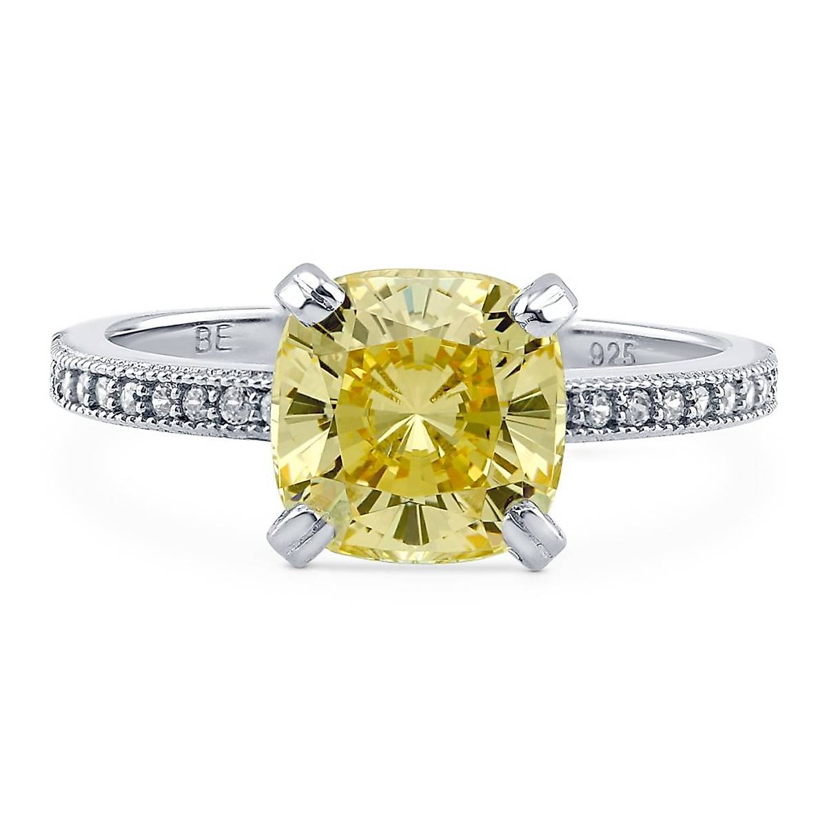 BERRICLE Sterling Silver Solitaire Wedding Engagement Rings 3 Carat Canary Yellow Cushion Cut Cubic Zirconia CZ Ring for Women, Rhodium Plated Size 6