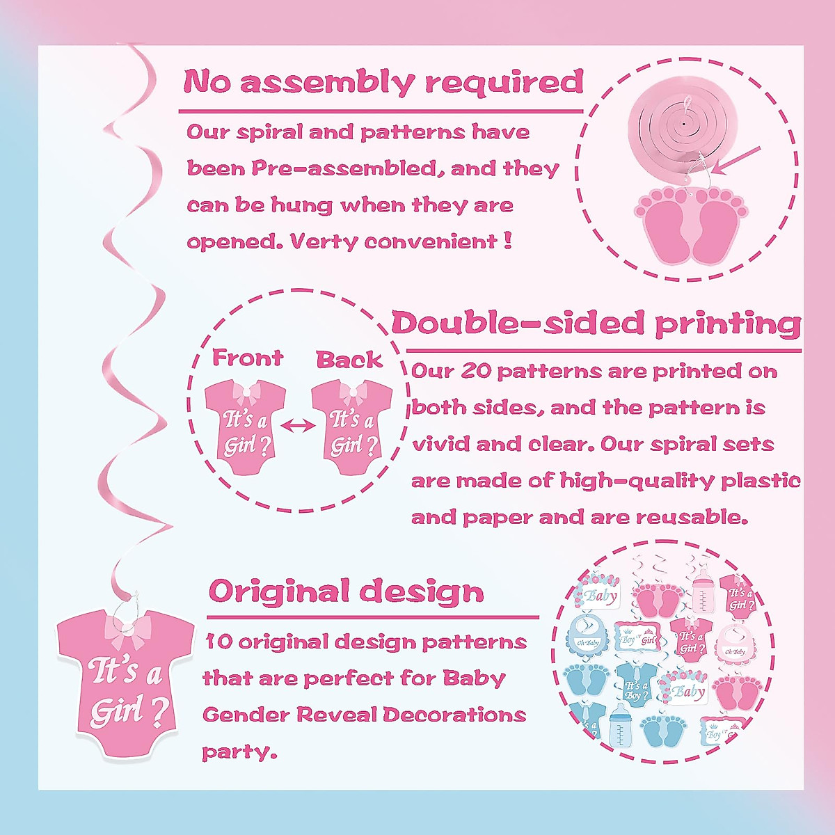 JINGAOFUN 20PCS Baby Gender Reveal Party Decorations Boy or Girl Gender Reveal Party Supplies Party Ideas Pink and Blue Decorations He or She Pregnancy Announcements Decor